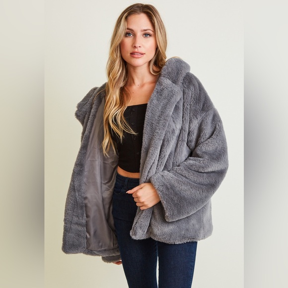 Jackets & Coats | New Grey Faux Fur Teddy Jacket Coat With Hoodie And ...